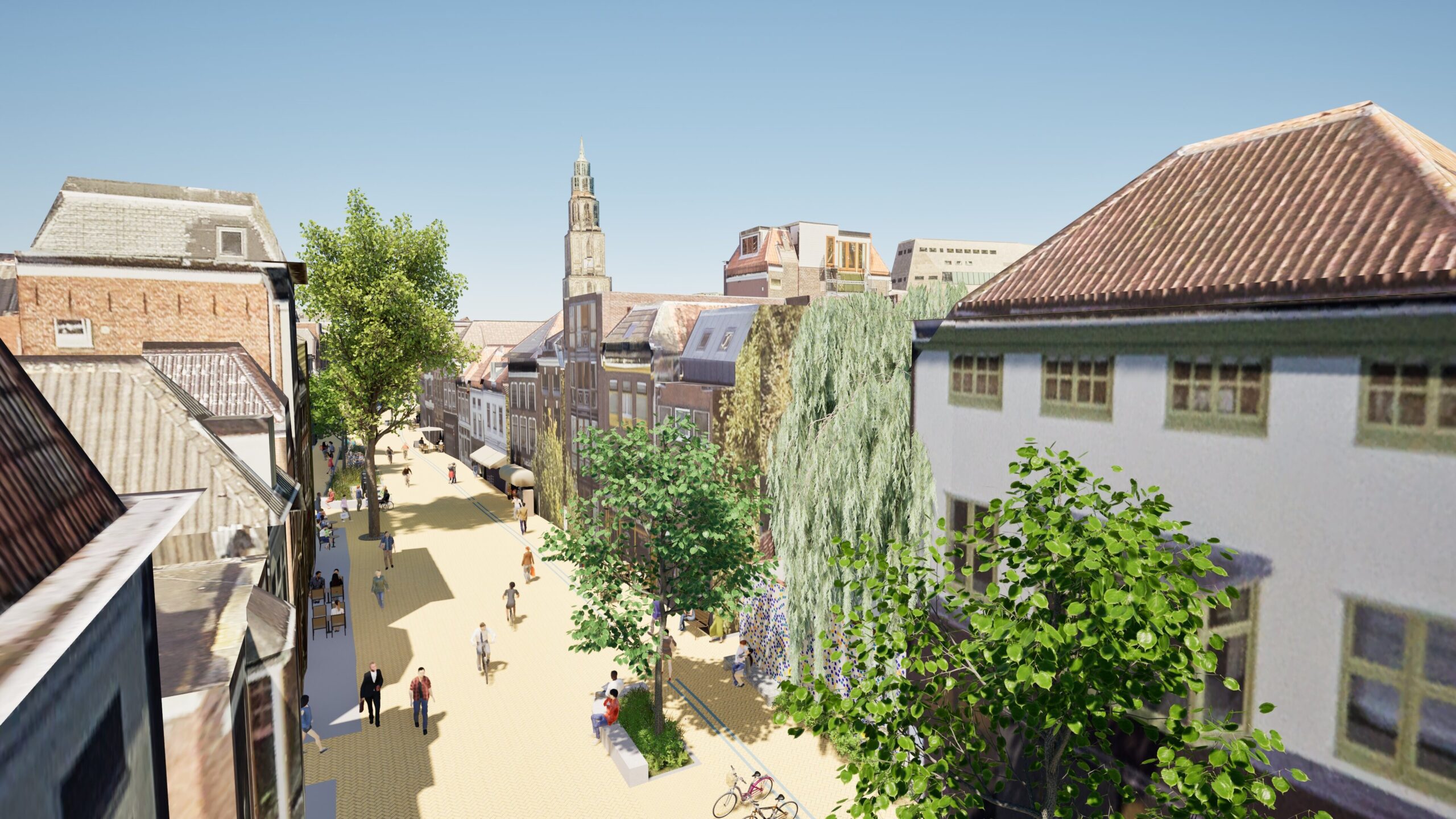Eerste schetsen Gelkingestraat en Oosterstraat: gele steentjes, groen en water - Groningen City Club